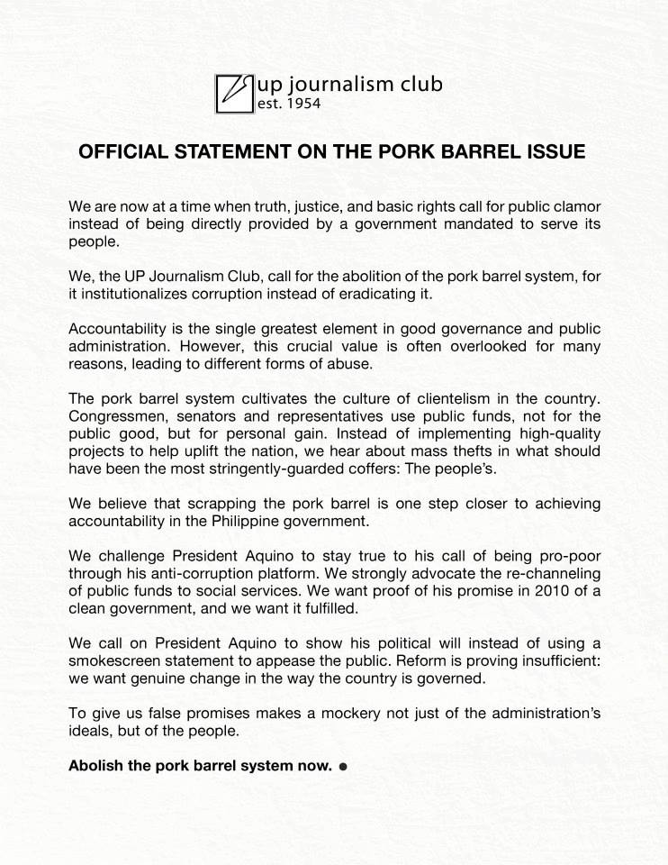 UP Journalism Club's official statement on the pork barrel issue
